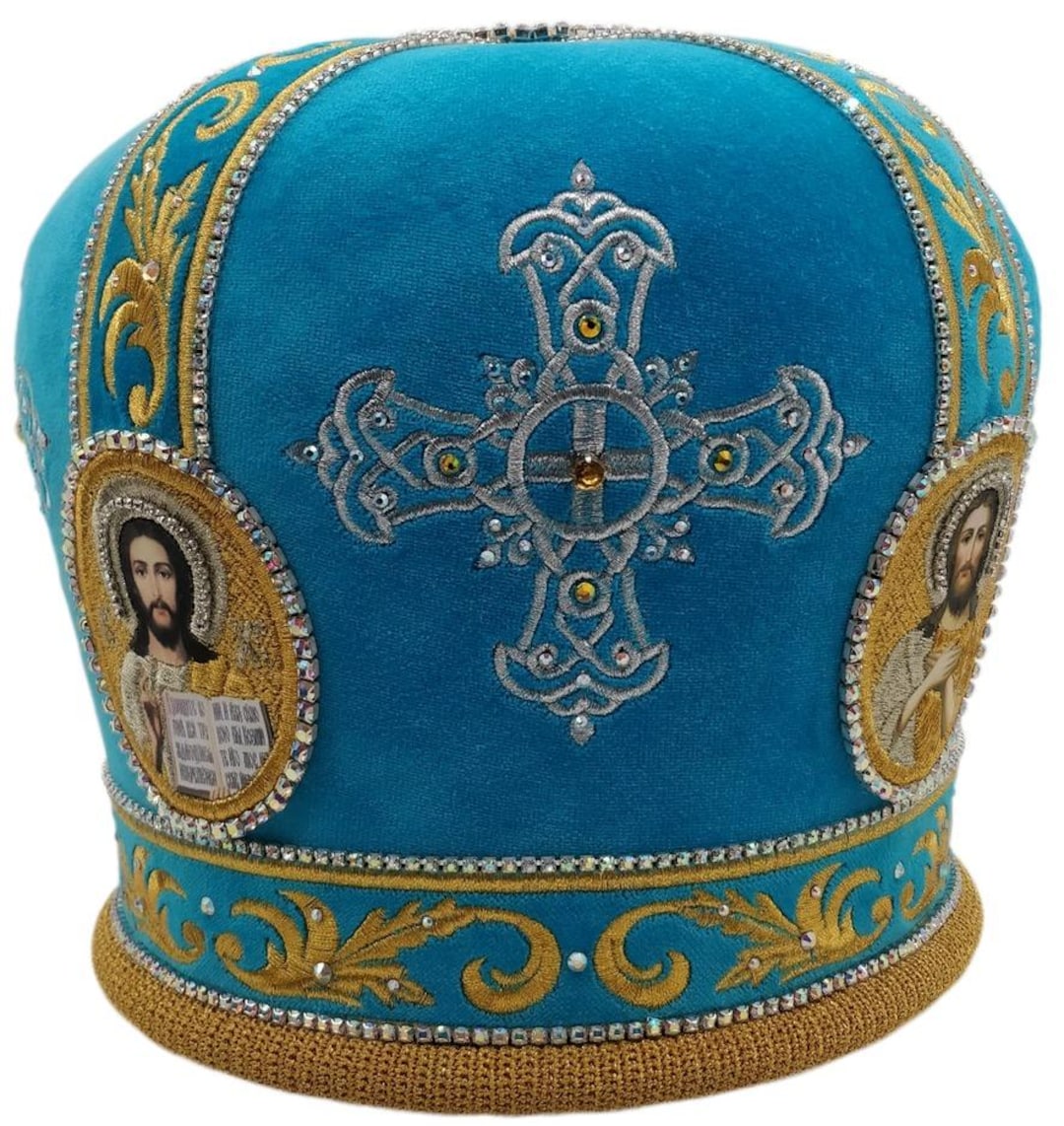 Priest Blue-gold Miter Cross | Quality Velvet Fabric Miter | Decorated ...