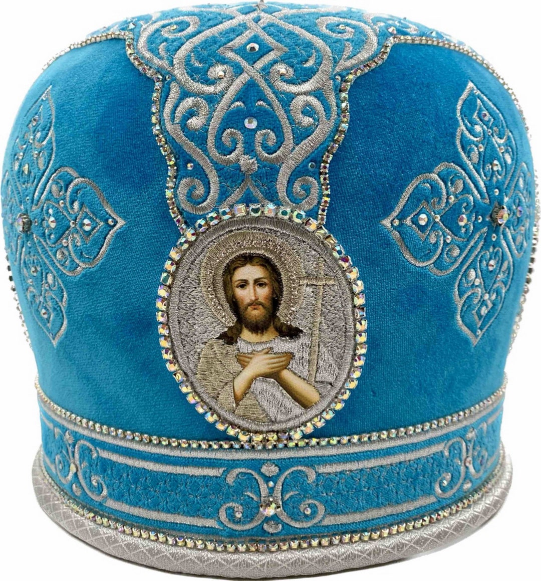 Priest Blue-silver Miter | High-quality Velvet Fabric Miter | Decorated ...