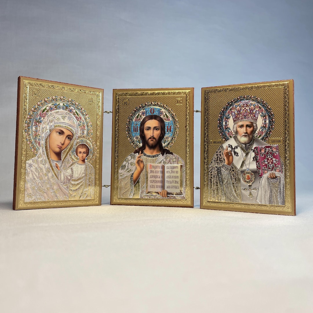 Icon Jesus Christ Mother God Saint Nicholas | Triptych Foldable Icon ...