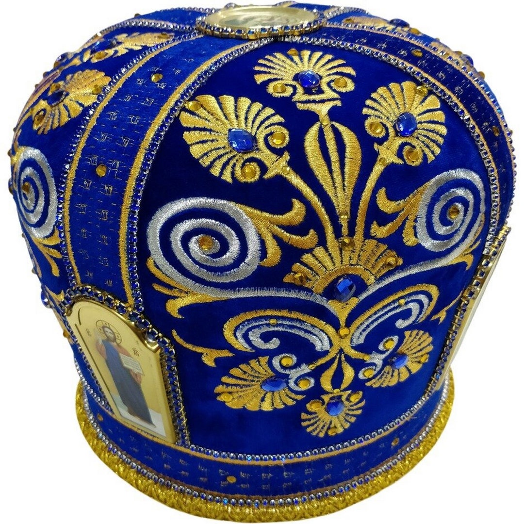 Priest Blue-yellow Miter | High-quality Velvet Fabric Miter | Decorated ...