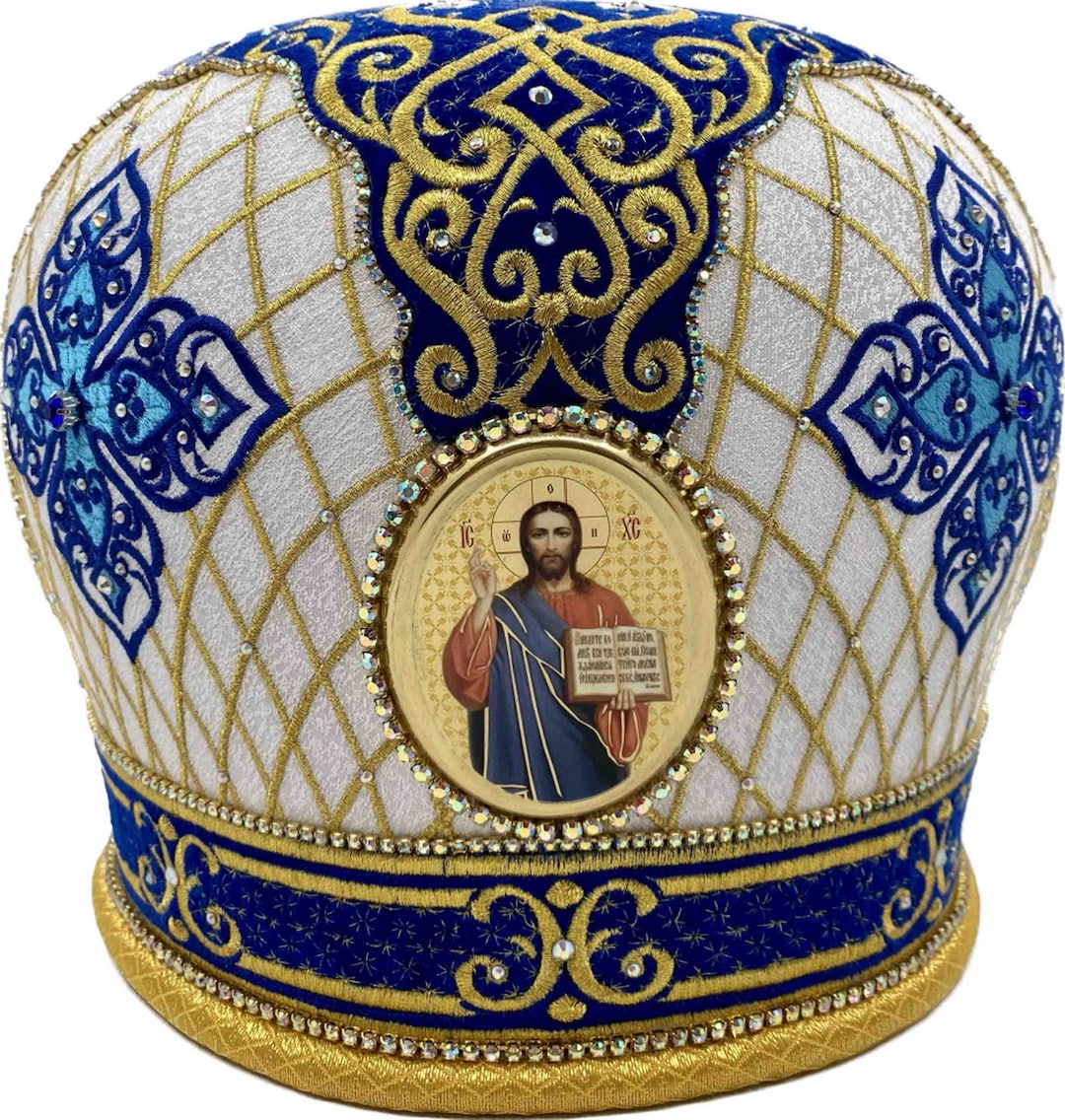 Priest Blue-white Miter | High-quality Velvet Fabric Miter | Decorated ...