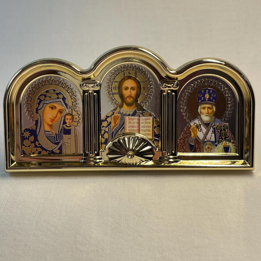 Triple Icon on Stand | Plastic Icon Triptych in Car | Icons in Car ...