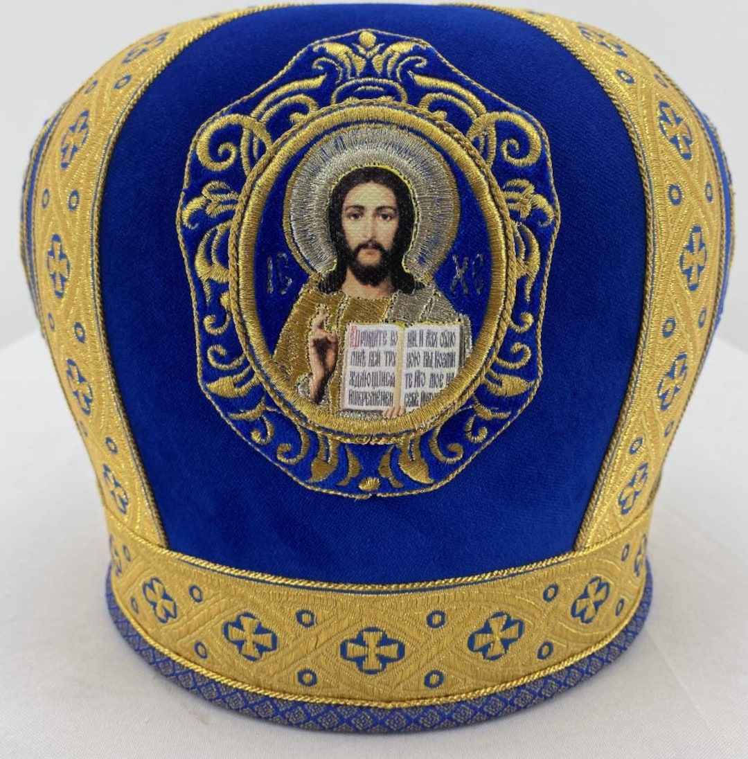 Priest Blue-yellow Color Miter | High-quality Velvet Fabric Miter ...