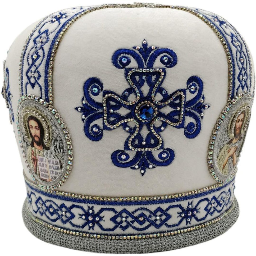 Priest White-blue Miter Cross | Quality Velvet Fabric Miter | Decorated ...