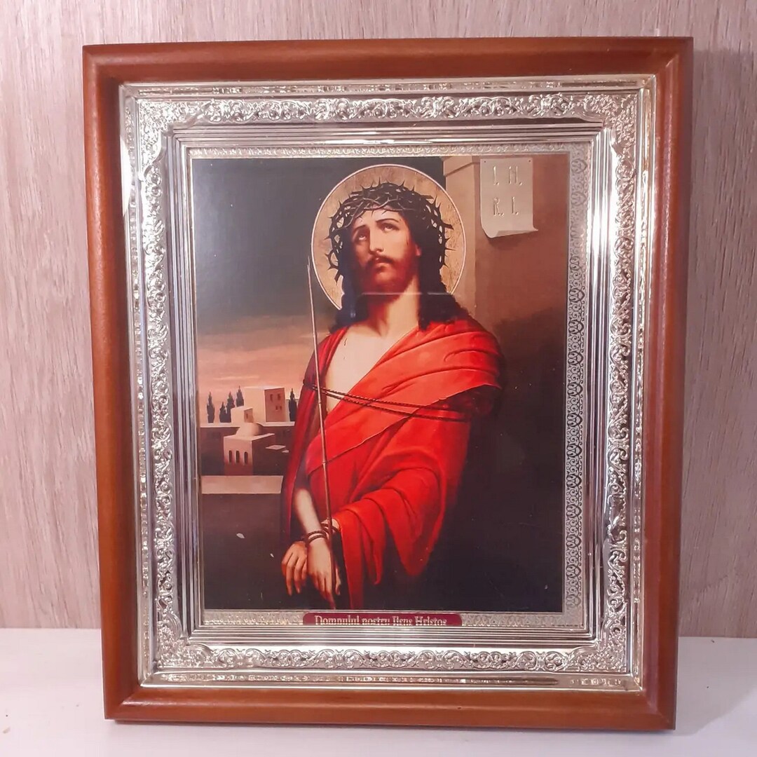 Icon in Wooden Frame of Jesus Christ Wearing Crown of Thorns and ...