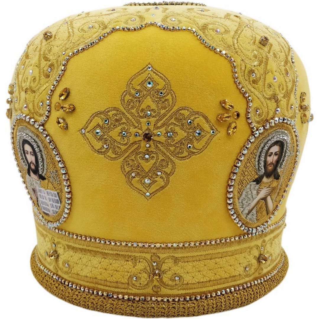 Priest Yellow Miter | High-quality Velvet Fabric Miter | Decorated ...