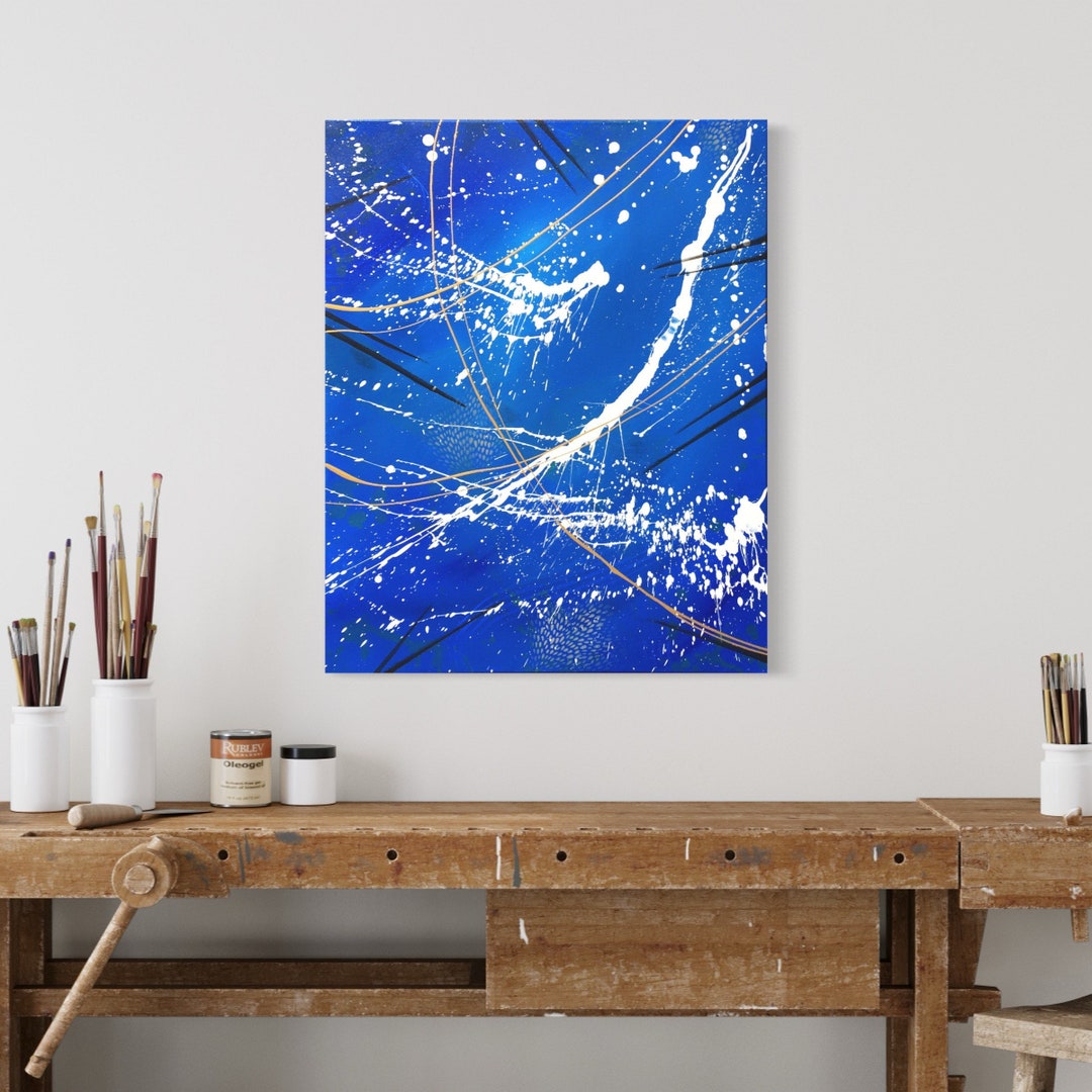 LARGE Blue Modern Abstract Painting • Contemporary Mixed Media Artwork ...