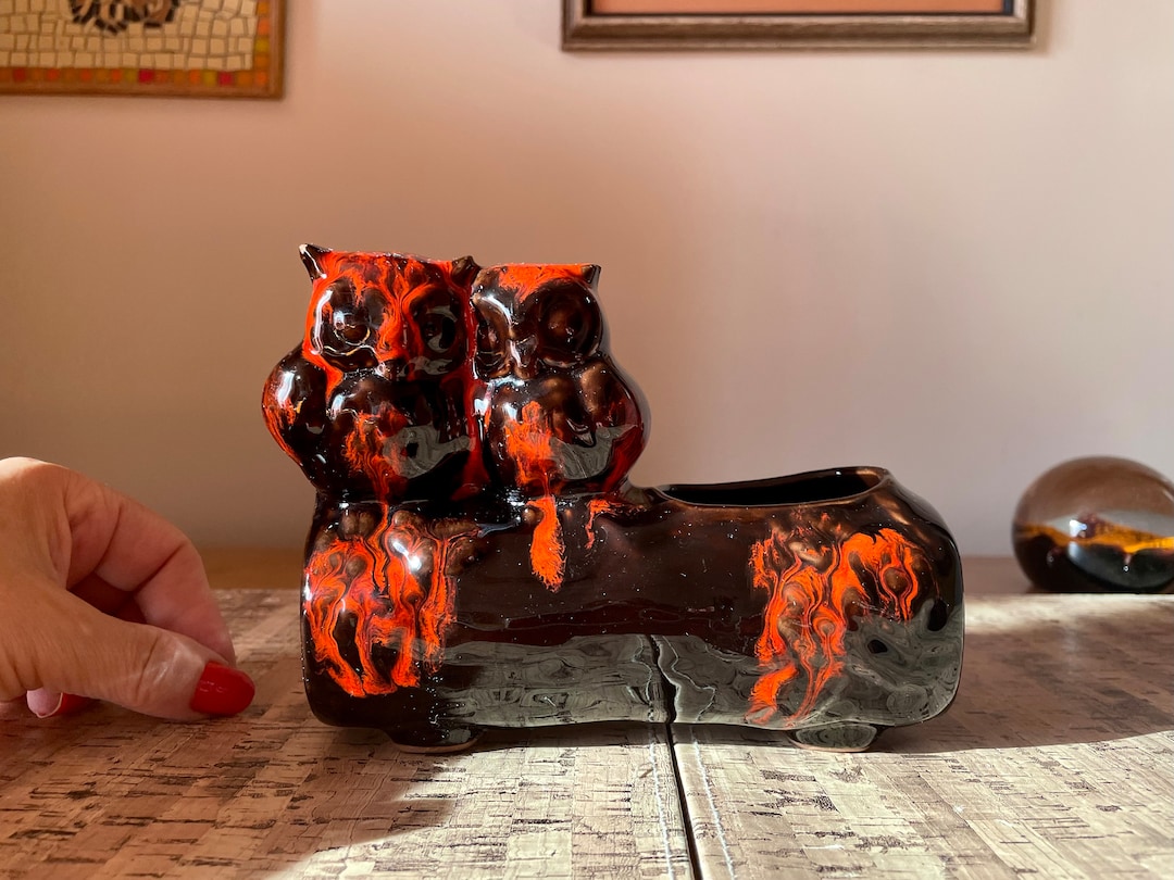 Canuck Pottery Drip-glaze Pottery- Small Planter- Pair of Owls on A Log ...