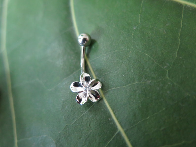 Sterling Silver 10 Mm Plumeria Clear CZ Hawaiian Flower Belly Button ...