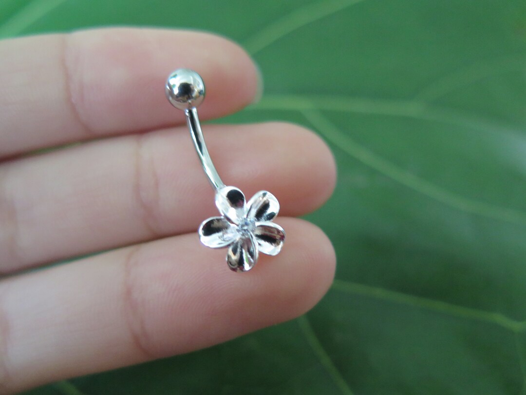 10mm 925K Sterling Silver Hawaiian Plumeria Flower CZ Belly Navel Ring ...