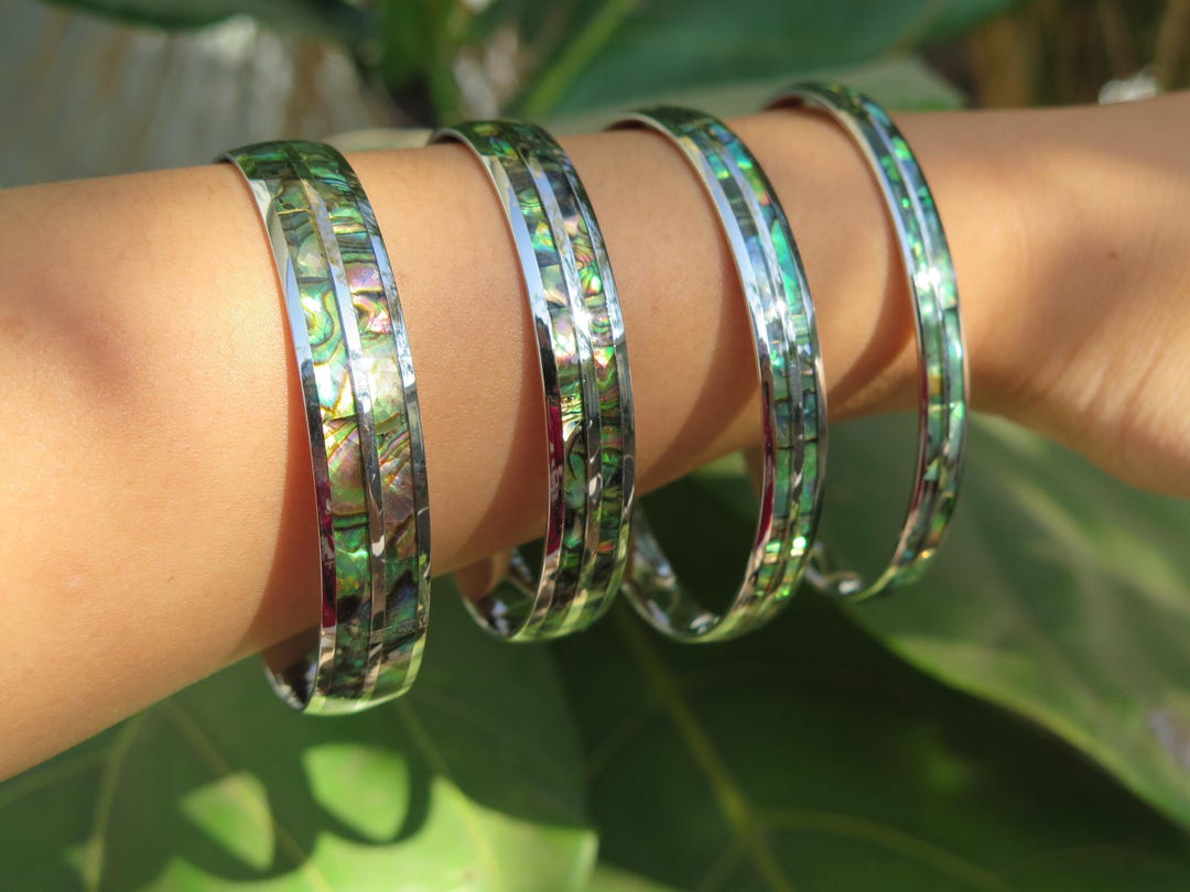 Hawaiian Design Natural Abalone Shell Stainless Steel Hawaiian Bangle ...