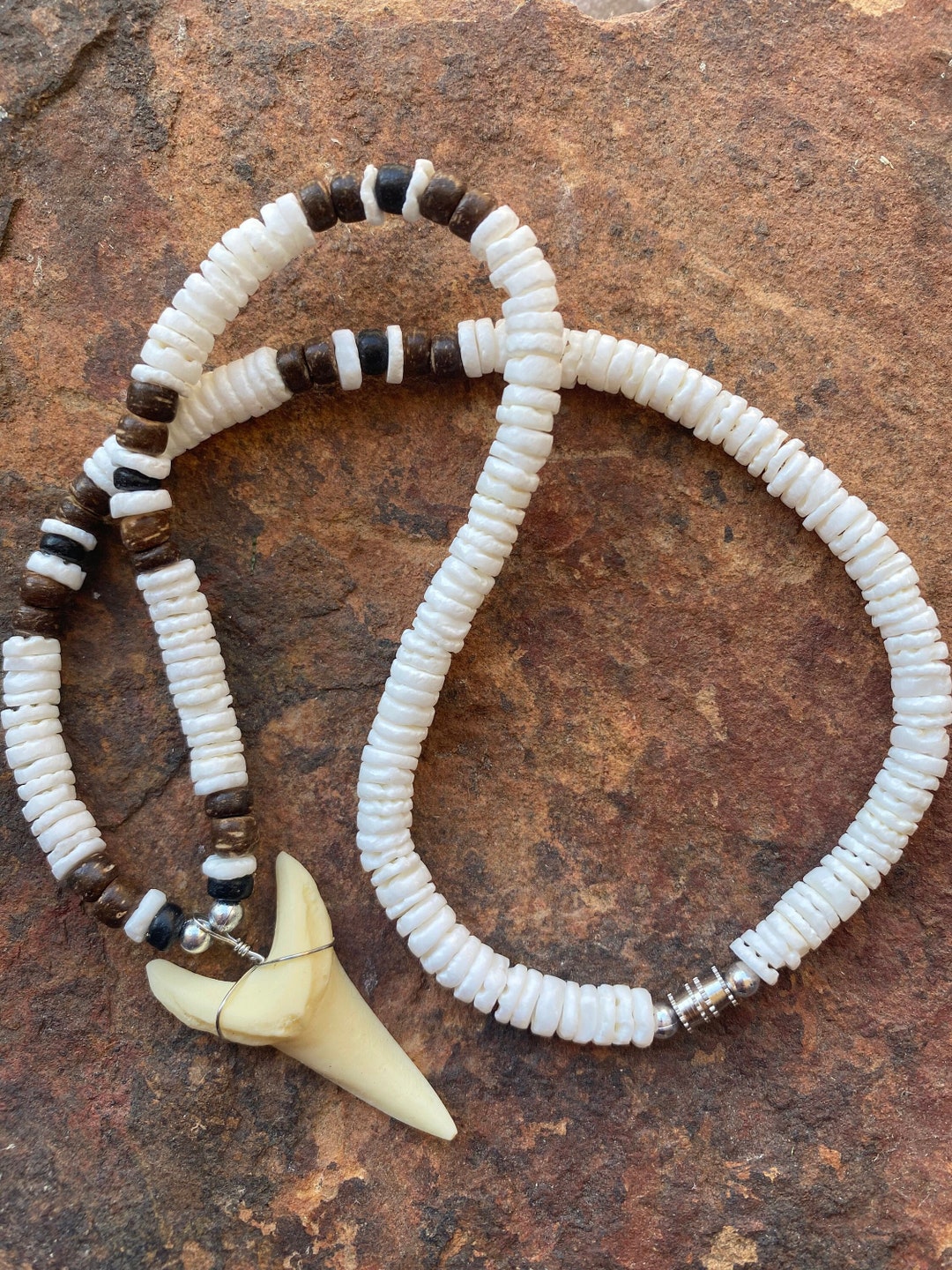 Hawaiian Bone Powder Shark Tooth Pendant Puka Shell, Coconut, & Wooden ...
