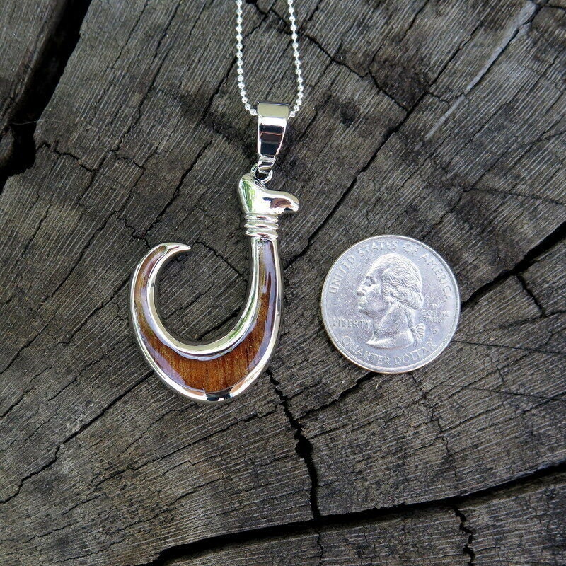Tribal Fish Hook Natural Hawaiian Koa Wood Jewelry Rhodium Plated Brass ...