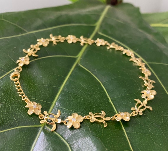 Hawaiian Design 925K Sterling Silver Gold Plated Honu Turtle Linked Plumeria Flower Anklet Jewelry Etsy