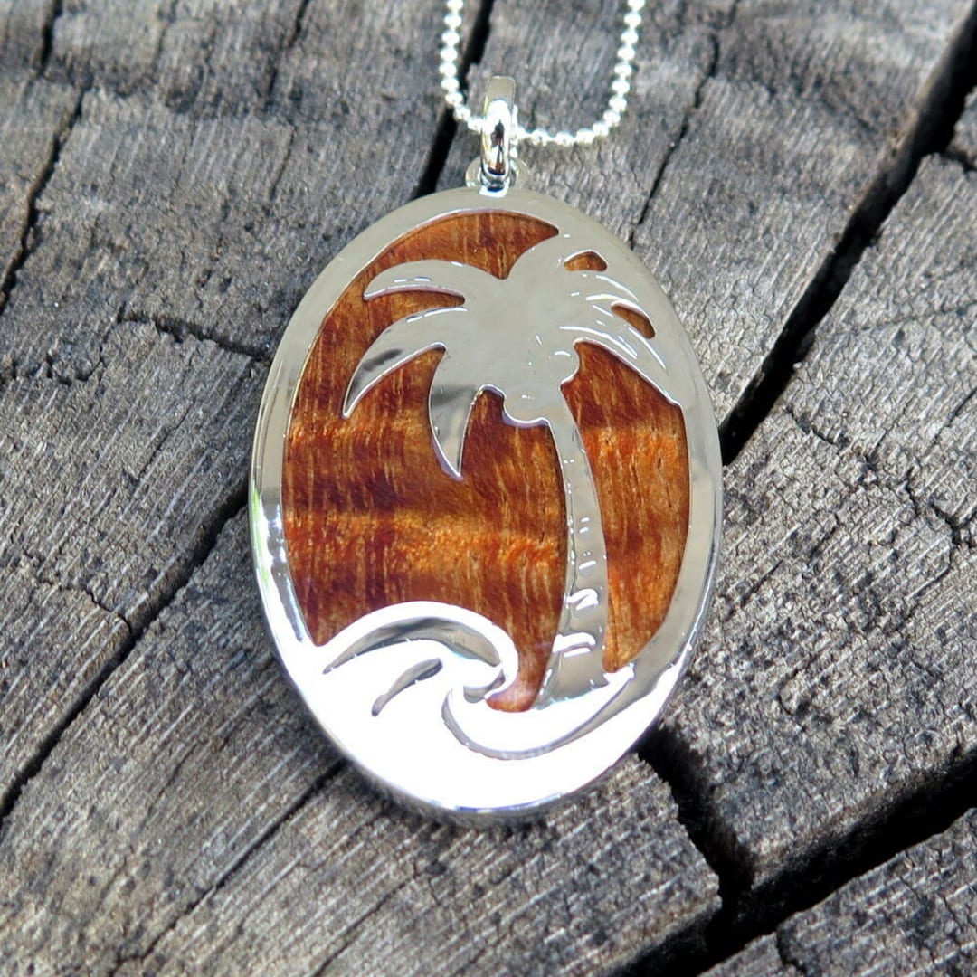 Hawaiian Koa Wood Palm Tree Ocean Wave Jewelry Rhodium Plated Brass ...