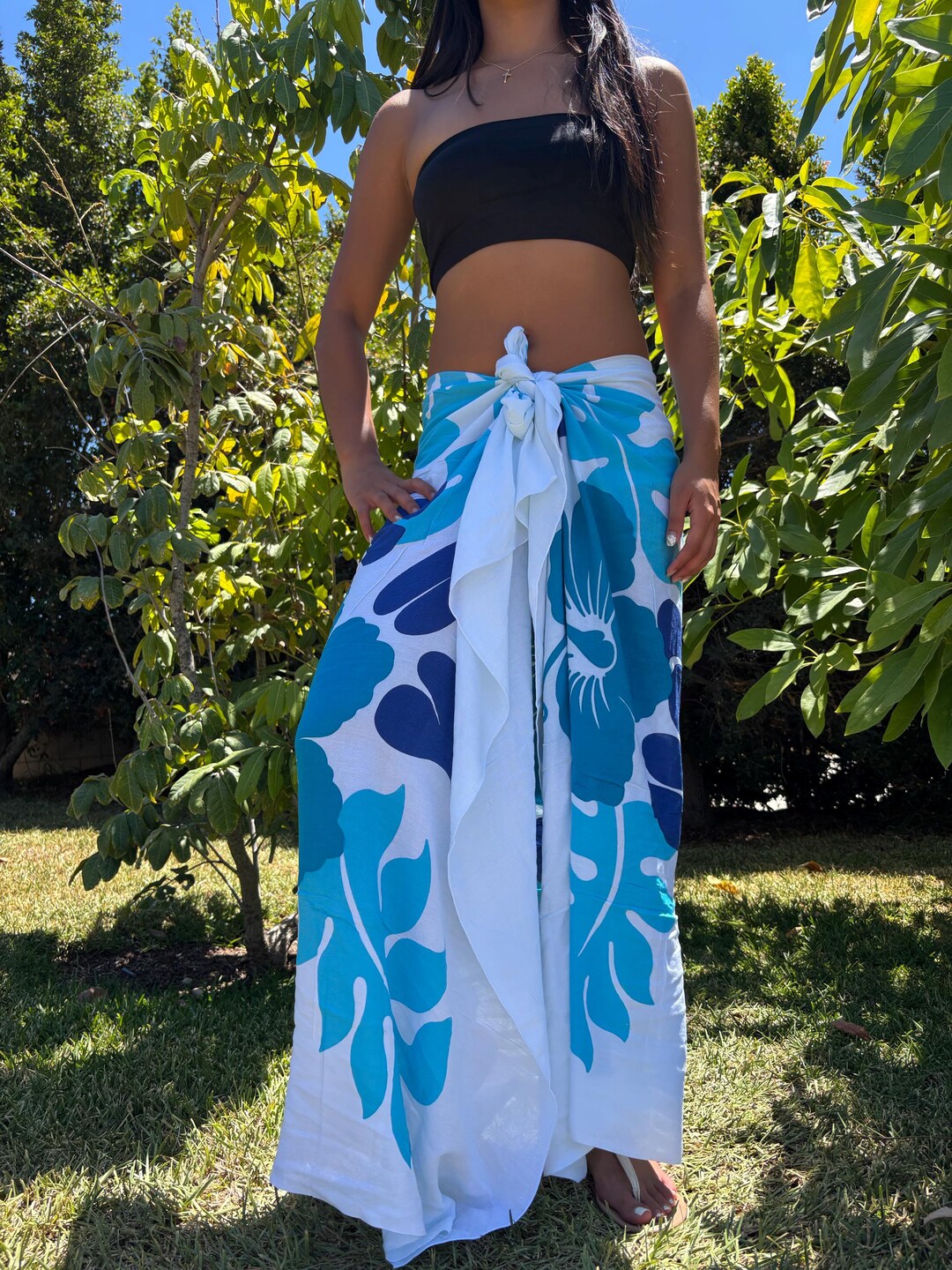 Hawaii Design Sarong Pareo Turquoise Blue Hibiscus Blossom Tribal ...