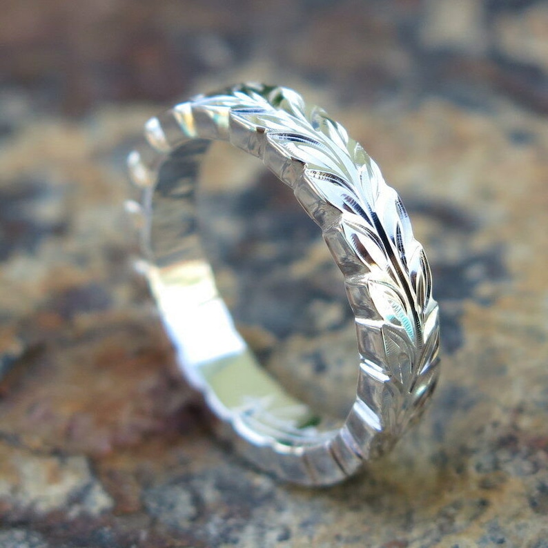 Hawaiian Design Jewelry 925K Sterling Silver Maile Leaf Wedding Ring ...