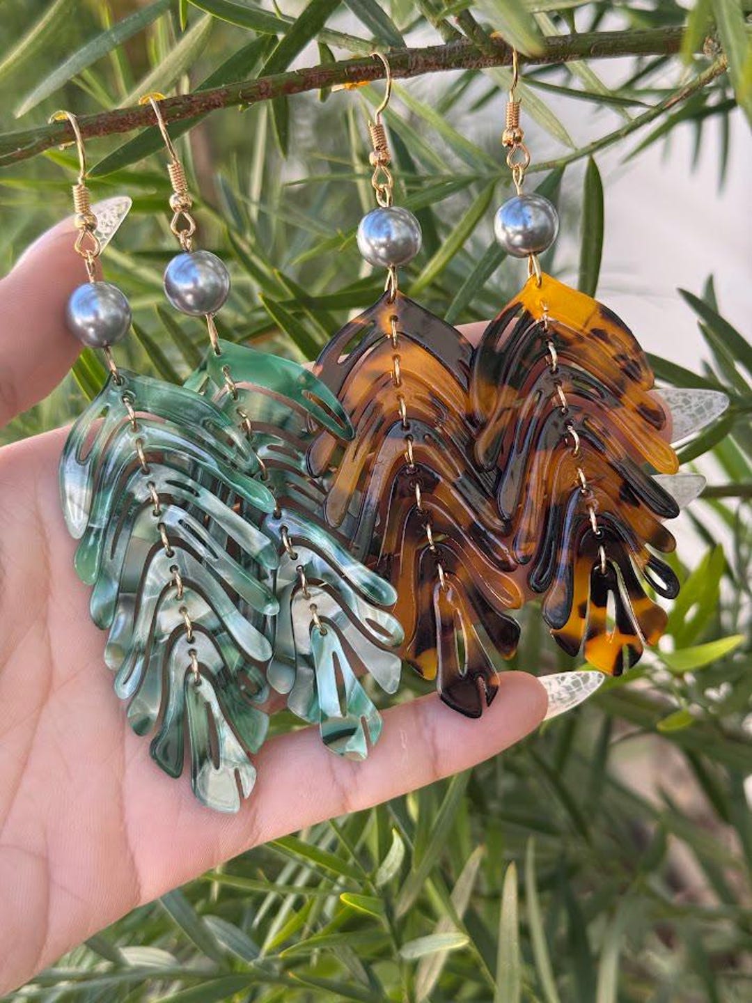 Hawaiian Jewelry Faux Turtle Shell Palm Leaf Black Pearl Dangle ...