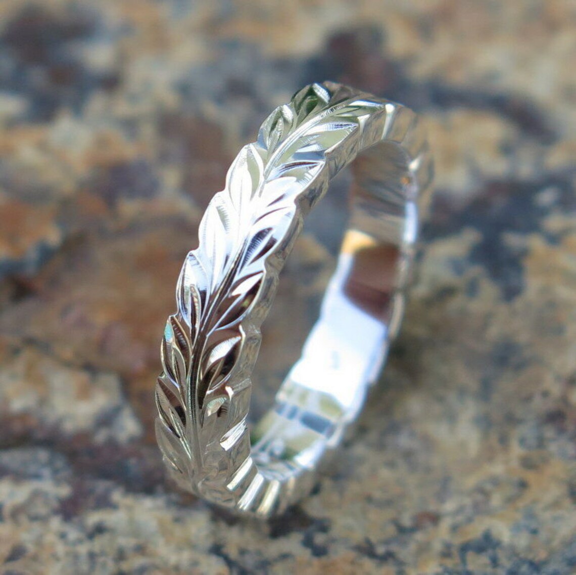 Hawaiian Design Jewelry 925K Sterling Silver Maile Leaf Wedding Ring ...