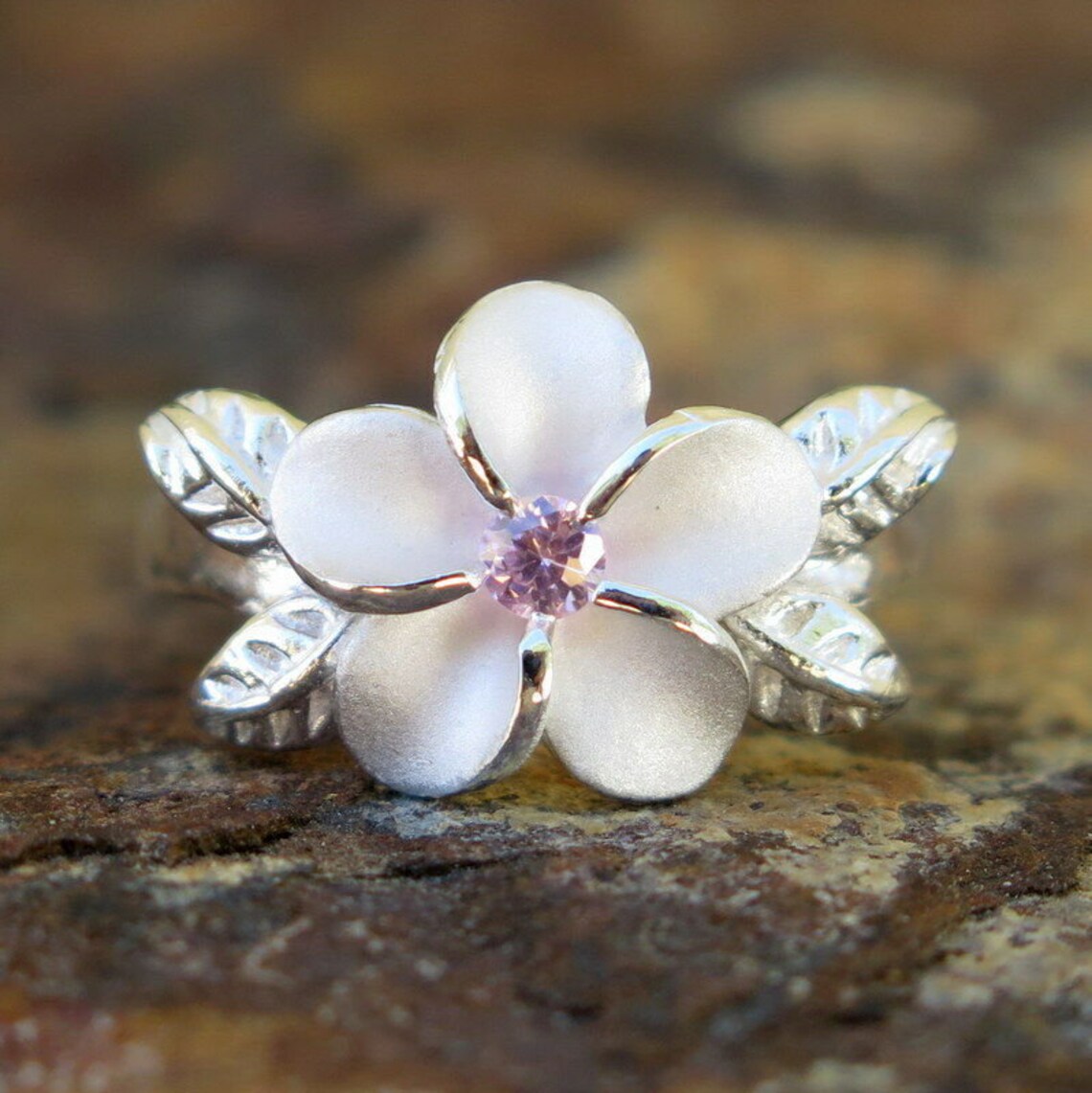 Hawaiian Design 925K Sterling Silver 4 Leaves Plumeria Flower Pink CZ ...