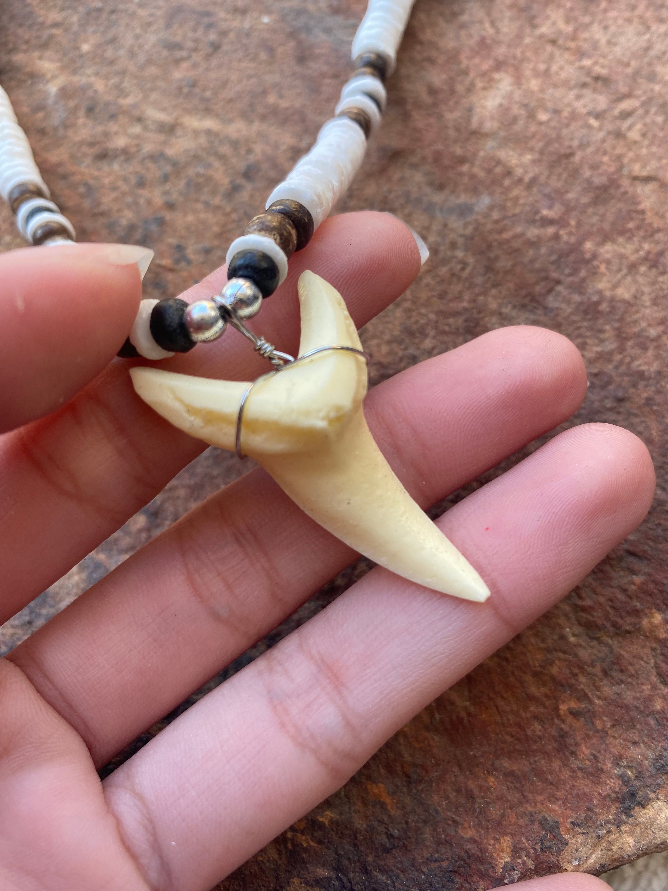 Hawaiian Bone Powder Shark Tooth Pendant Puka Shell, Coconut, & Wooden ...