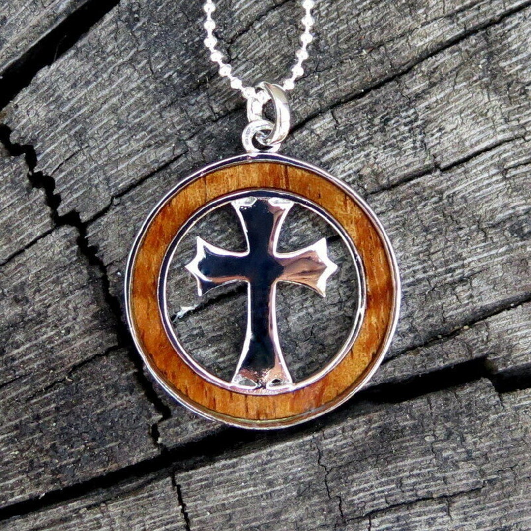 Genuine Hawaiian Koa Wood Circle Jesus Cross Rhodium Plated Genuine Hawaiian Koa Wood Circle Jesus Cross Rhodium Plated