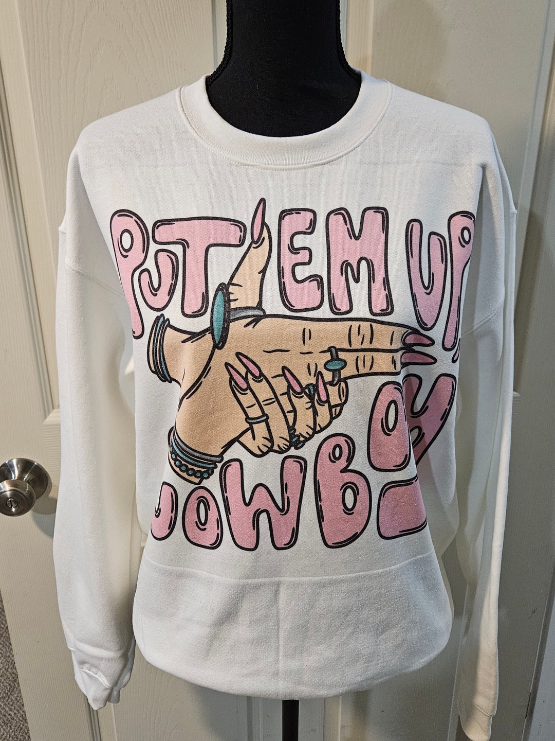 Put Em up Cowboy, Western, Turquoise Sublimated White Crewneck - Etsy