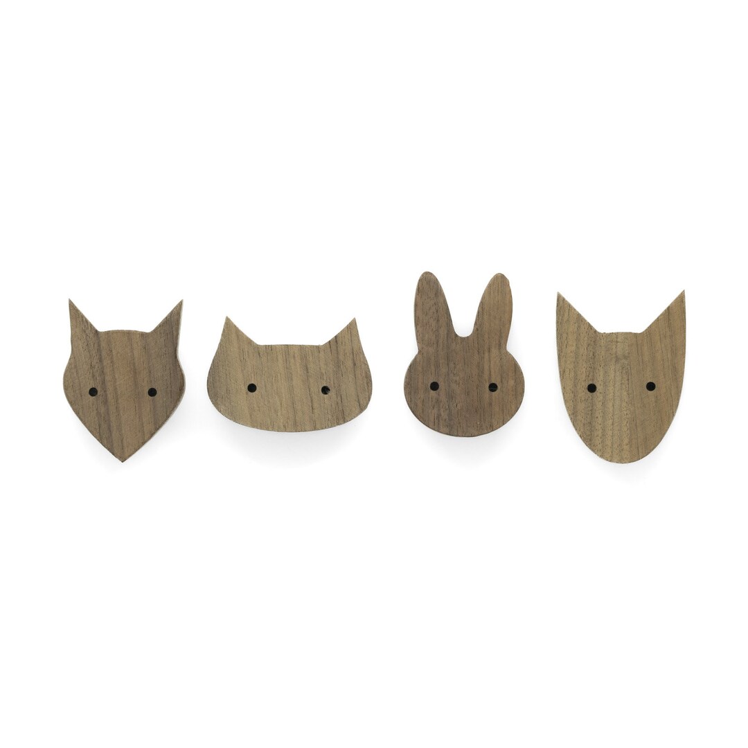 Animal Wall Hooks Made of Untreated Walnut Wood dog Cat Rabbit Fox ...
