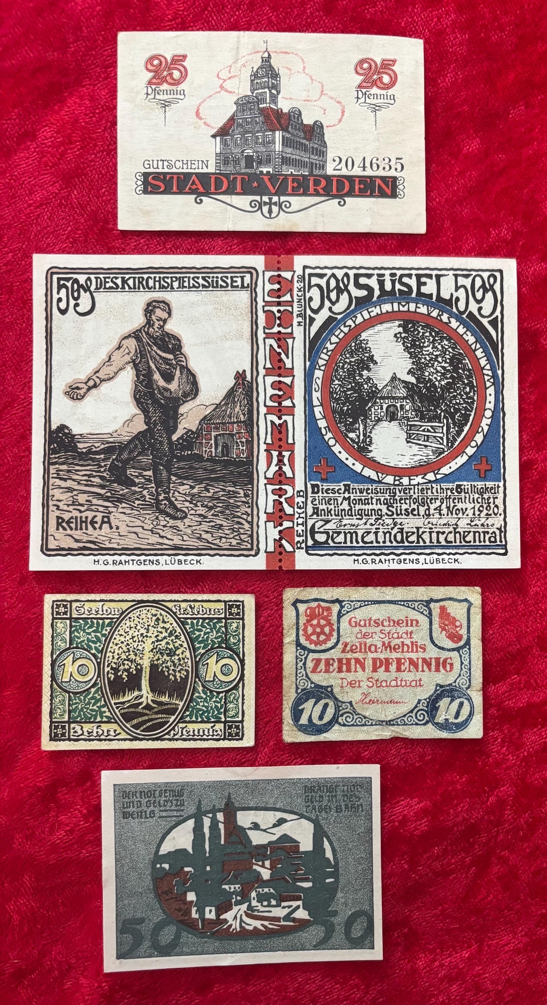 Five Different - German Notgeld Notes - Includes the Cities of Susel ...
