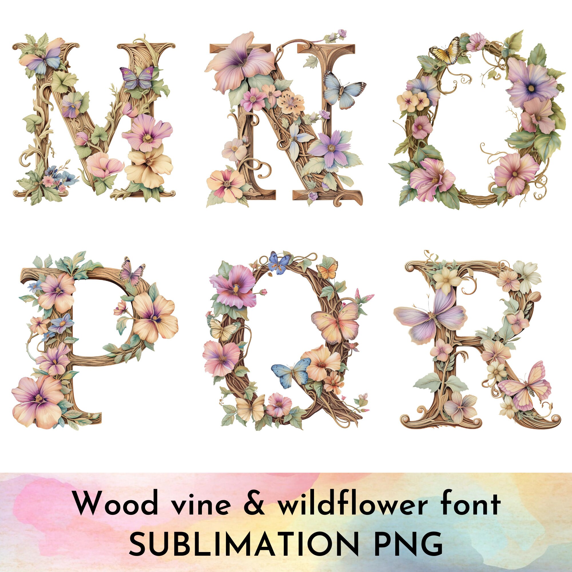Floral Alphabet PNG, A-Z Wildflower Clipart Designs, Watercolor ...