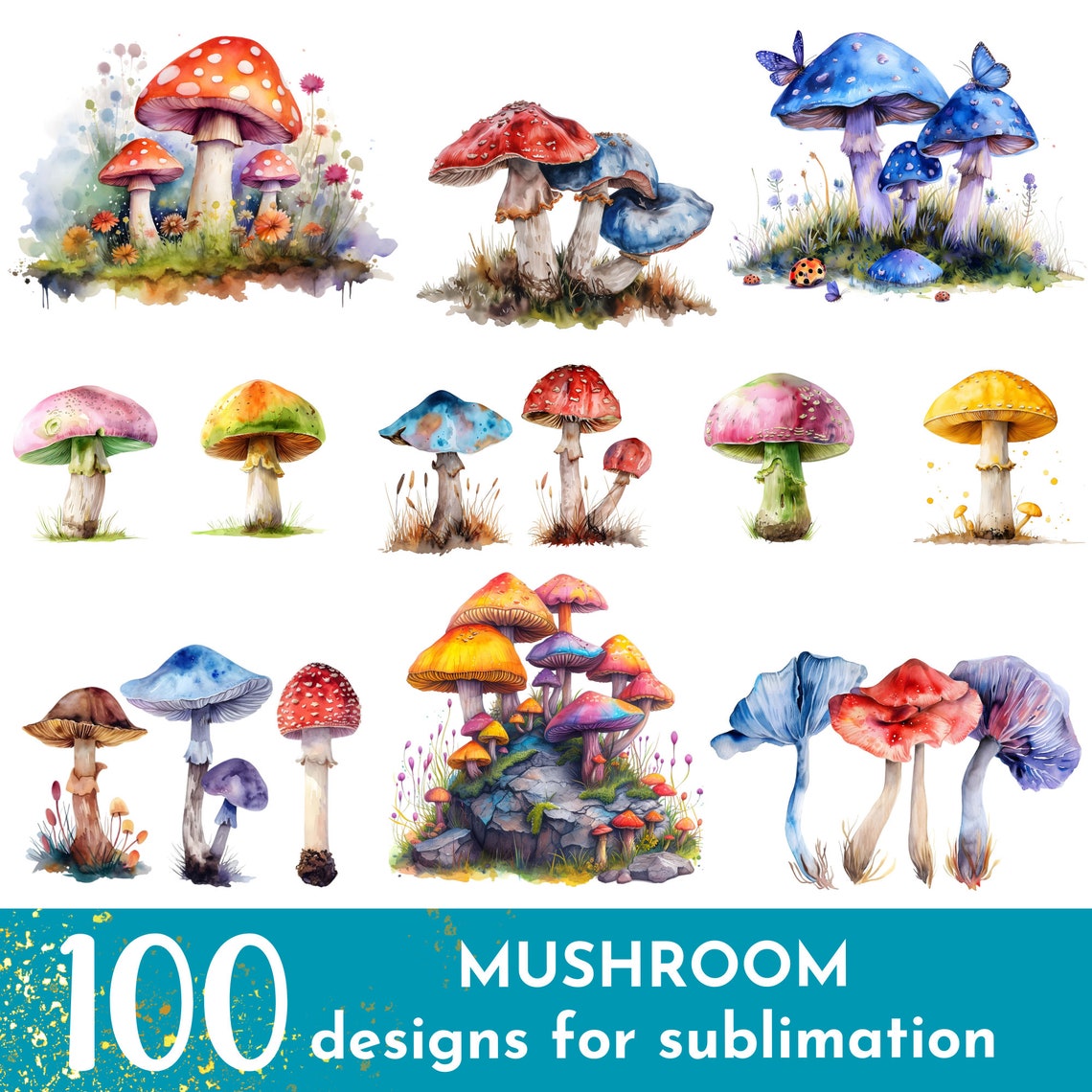 Watercolor Mushroom Clipart – 100 PNG Files, Magic Forest Art (digital ...