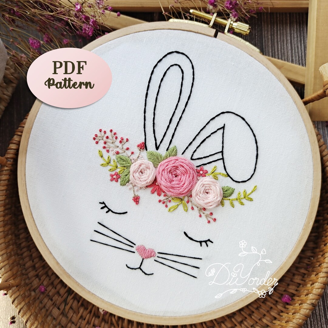 Rabbit Embroidery Kit-easter Rabbit Embroidery- Flower Rabbit Gift ...