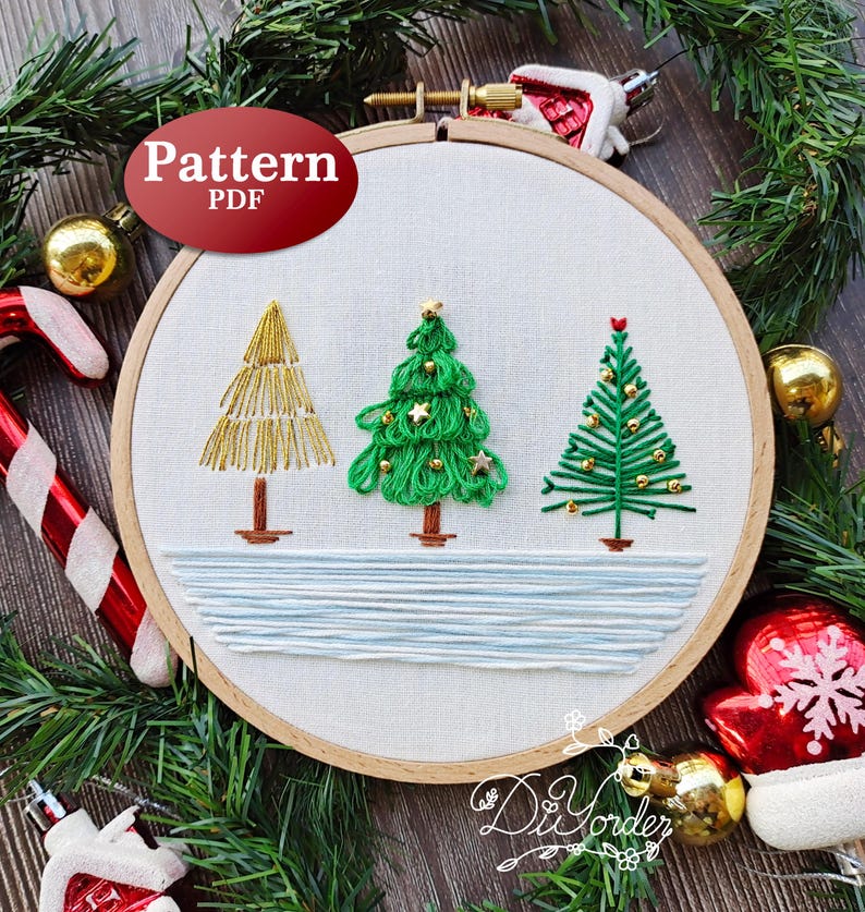 Christmas Tree Embroidery Pattern: Beginner Stitches Tutorial (PDF ...