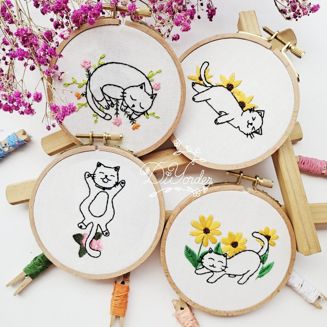 Cat Embroidery DIY Kit: Floral Animal Pattern, Beginner Friendly - Etsy