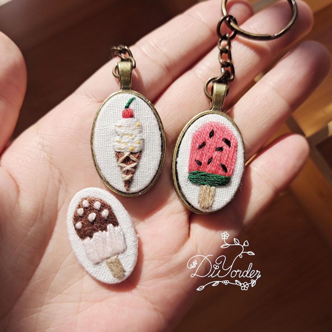 Embroidery Keychain DIY Craft Kit: Ice Cream & Watermelon Design - Etsy