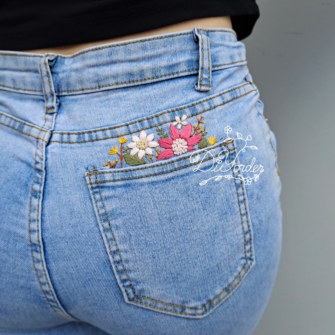 Floral Pocket Embroidery Kit: Stitch on Jeans, Cloths - DIY Craft - Etsy