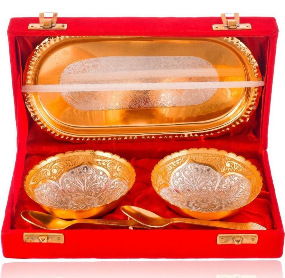Gold Silver Plated Bowl Spoon Tray Set Dry Fruits Dessert Serving Set ...
