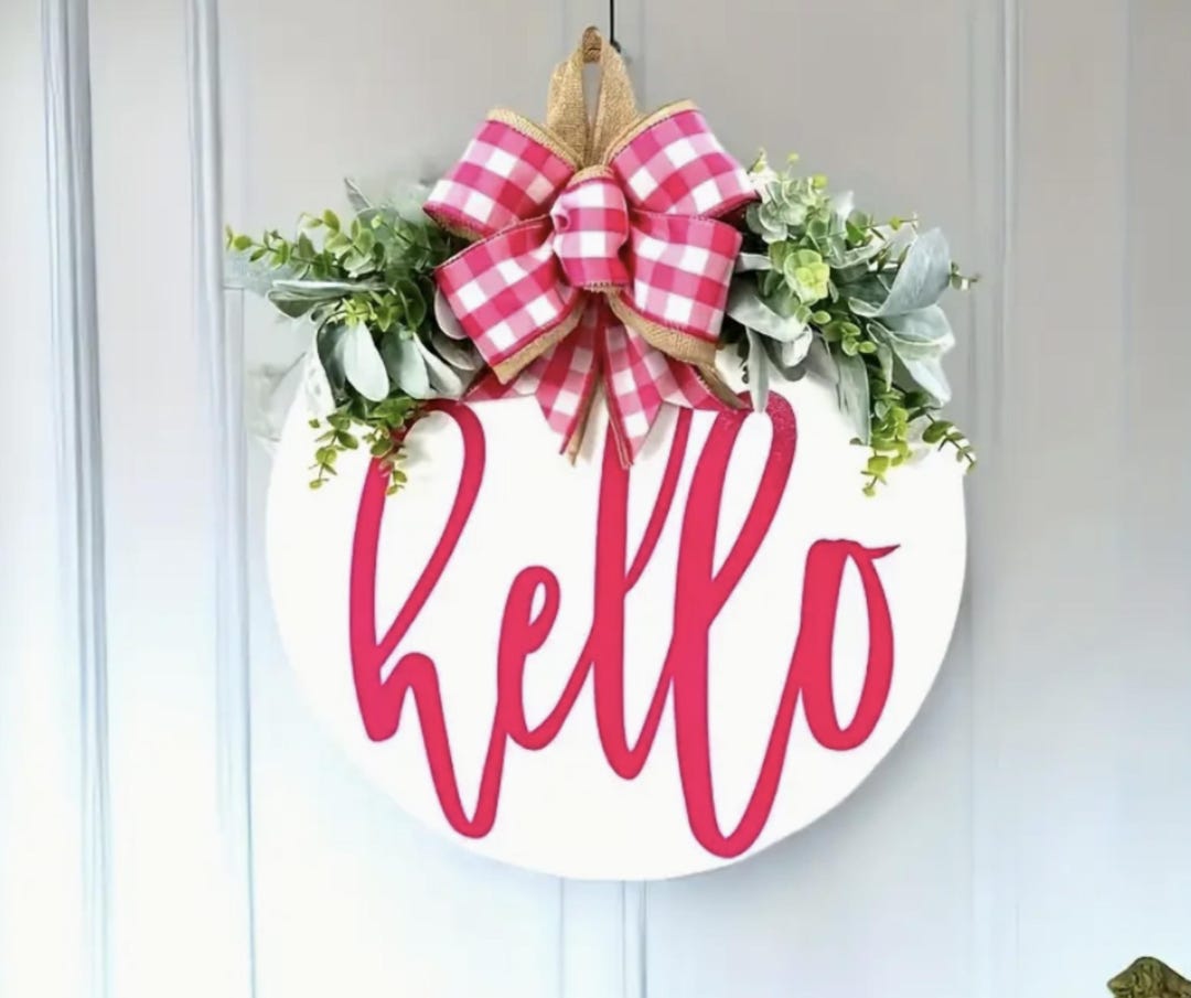 Hello Welcome Sign Wreath Rustic Round Wooden Door Plaque With Greenery ...