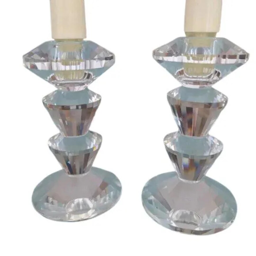 Vintage Simon Designs Lead Crystal Glass Tiered Candlestick Holders Set ...