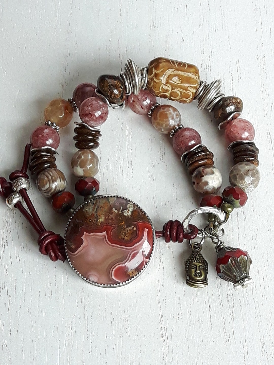 Buddha Jade Bracelet, Boho Bracelet, Agate, Bronzite, Czech Picasso ...