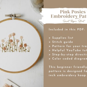Pink Floral Embroidery Pattern, Beginner Embroidery PDF, Spring ...