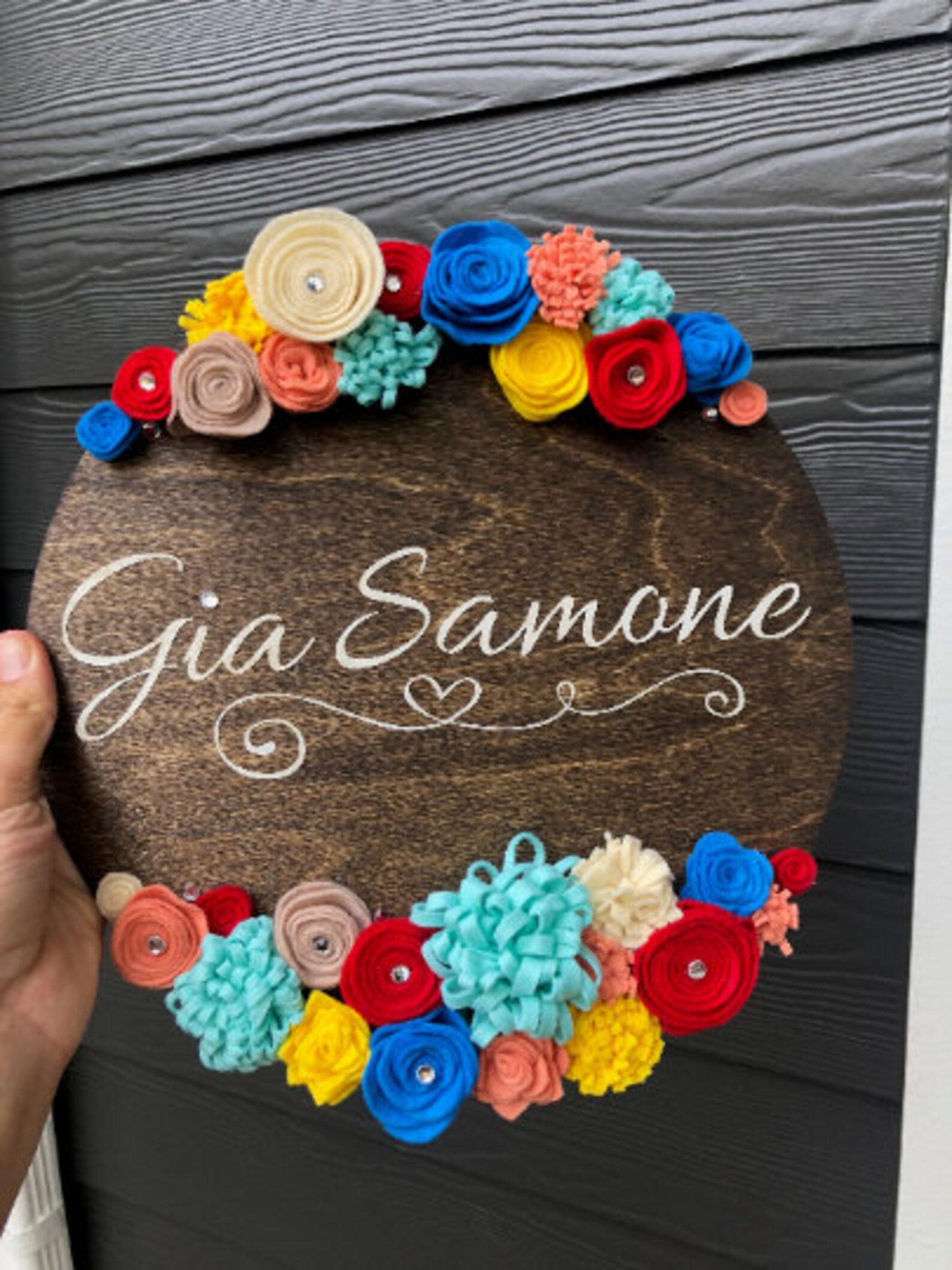 12 Round Wood Custom Name Sign Felt Flowers Wood | Etsy