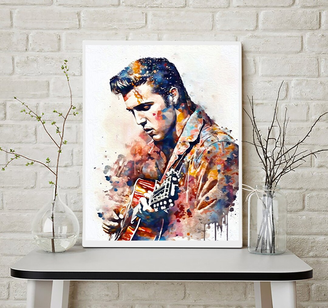 Elvis Presley Playing Guitar Watercolor Oil Painting Print - King of ...