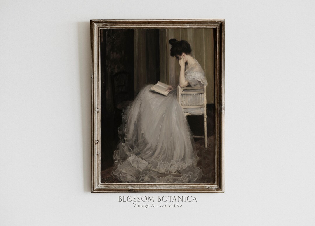 Woman Reading Art Print, Academic Art, Office Art, White Dress, Dark ...