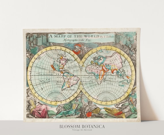 Vintage World Map From 1682 17th Century Giclee Print | Etsy