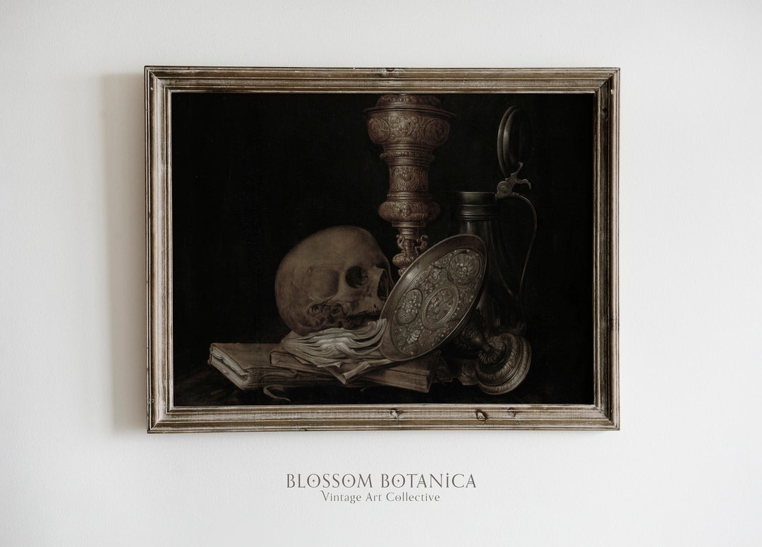 Vintage Skull Still Life, Gothic Art Print, Dark Victorian Aesthetic ...