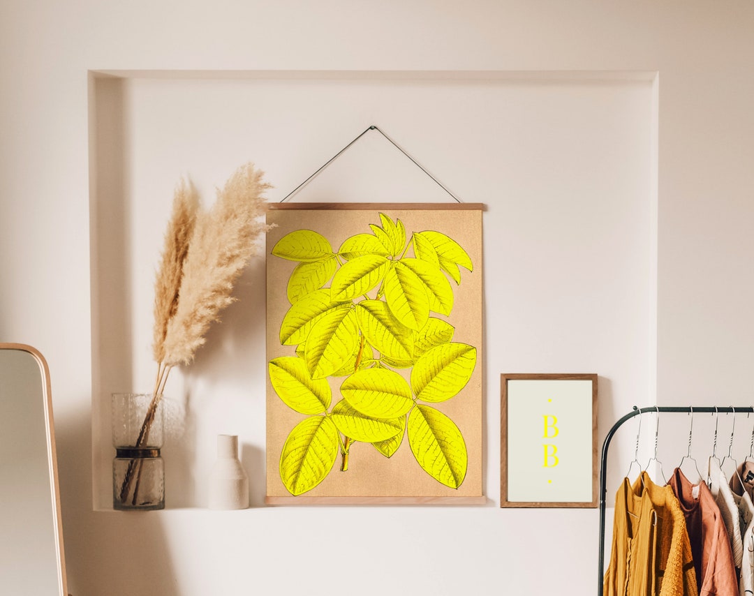 Neon Yellow Vintage Botanical Print, Giclée Print, Bright Yellow Leaf ...