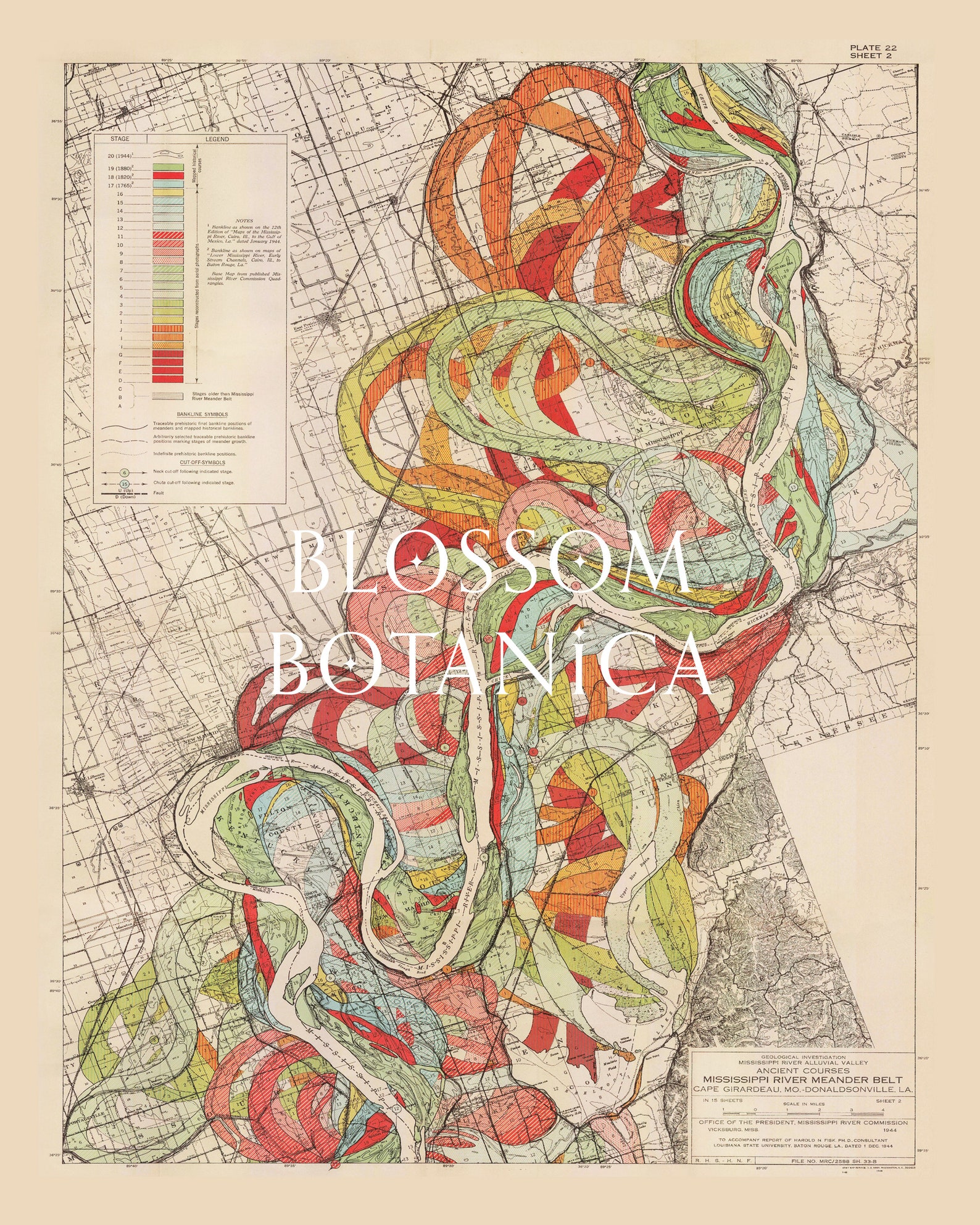 Vintage Mississippi River Map, Harold Fisk Map, Colorful Map, Antique ...
