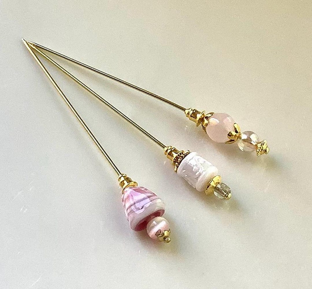 3 Pink and Gold Glass Counting Pins for Cross Stitch, Pink Stick Pins ...