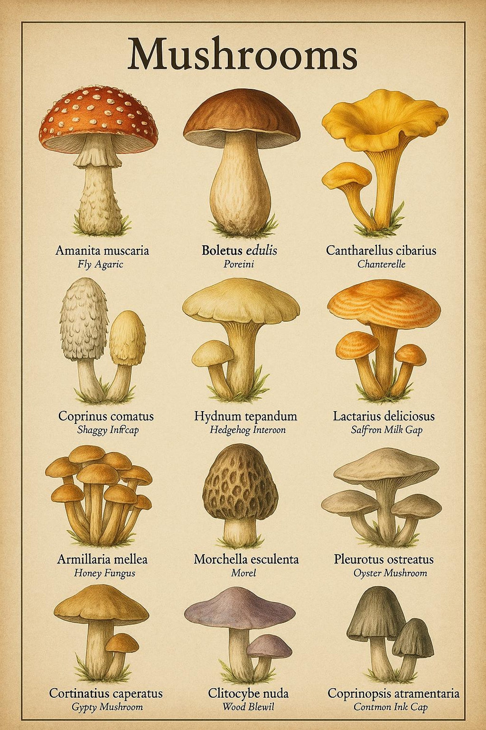 Vintage Mushroom Identification Chart – Botanical Wall Art Poster ...